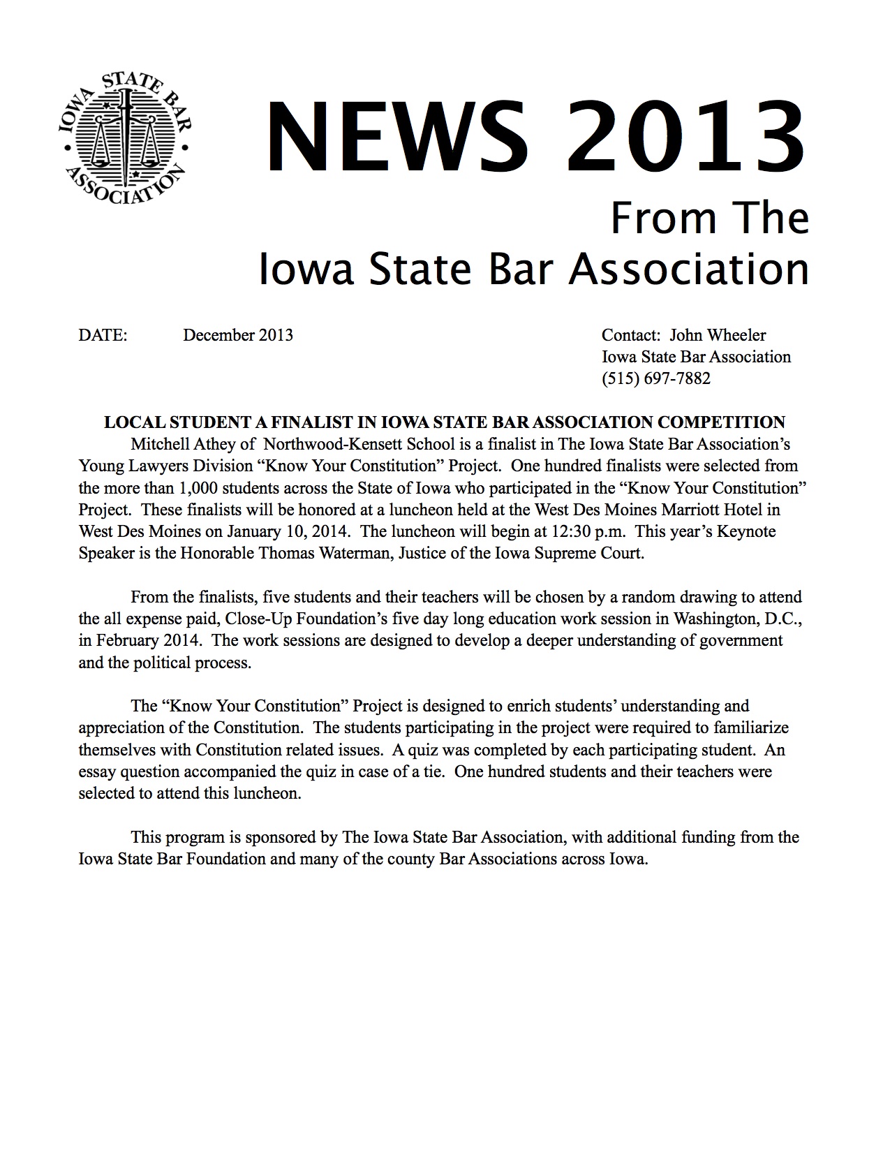 Northwood-Kensett - Mitchell Athey Finalist in Iowa State Bar Association Competition